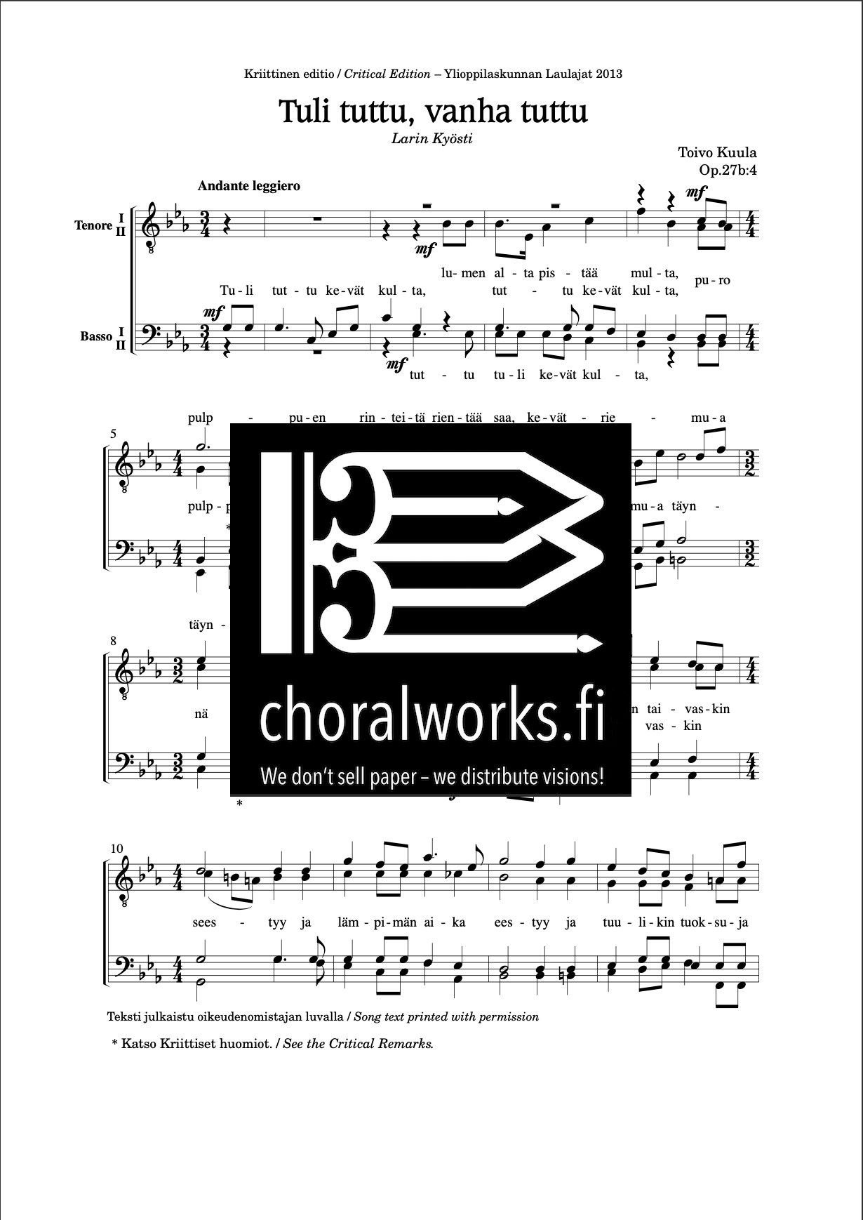 Kuula, Toivo: Tuli tuttu, vanha tuttu - choralworks.fi