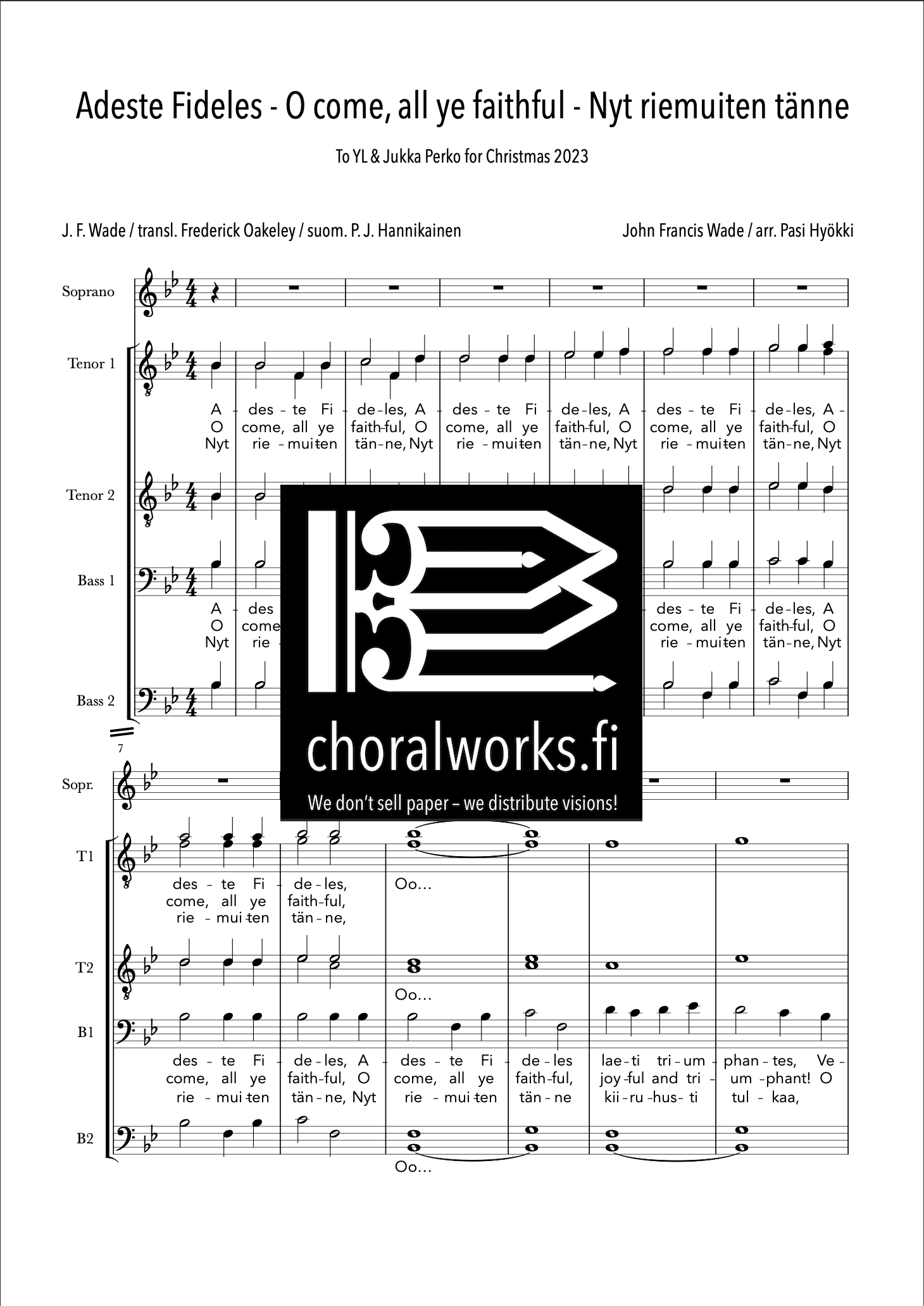 Hyökki, Pasi: Adeste Fideles - O come, all ye faithful - Nyt riemuiten tänne - choralworks.fi